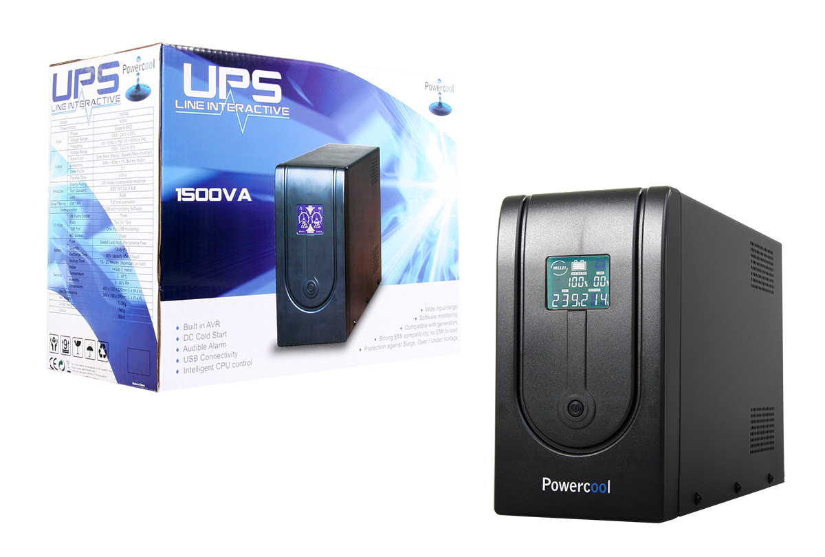Powercool Smart UPS 1500VA 3 x UK Plug, 3 x IEC, RJ45 x 2, USB LCD ...
