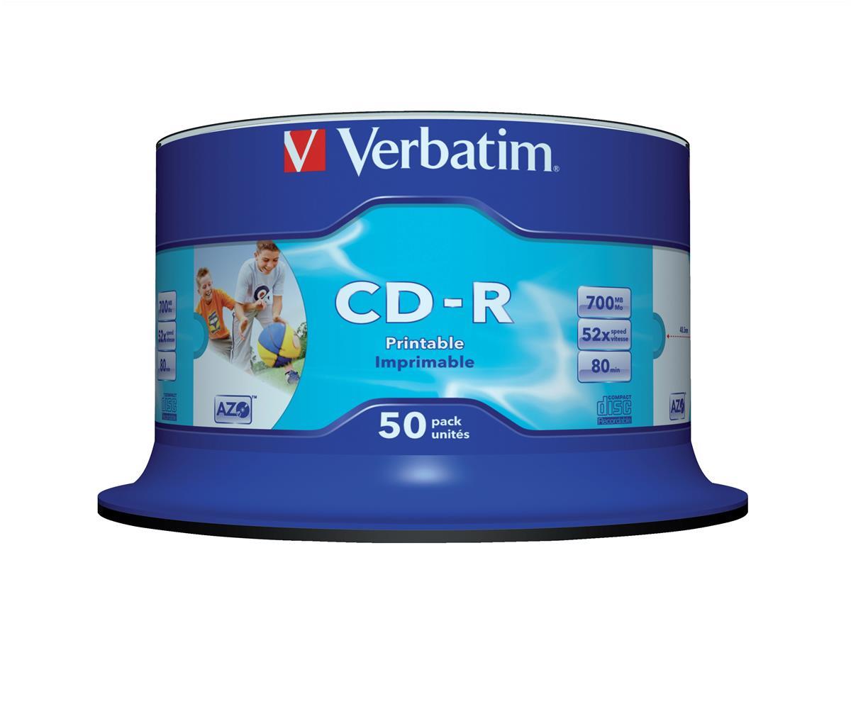 Verbatim (700MB) CD-R 80 Minute 52x Speed Data Life Plus Printable Pack ...
