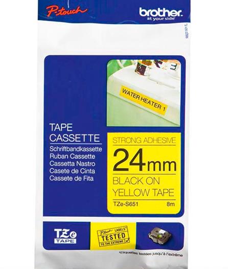 Brother P-touch TZe-S651 (24mm x 8m) Black On Yellow Strong Adhesive ...